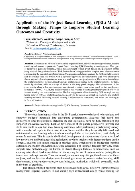 PDF Application Of The Project Based Learning PjBL Model Through Making Tempe To Improve