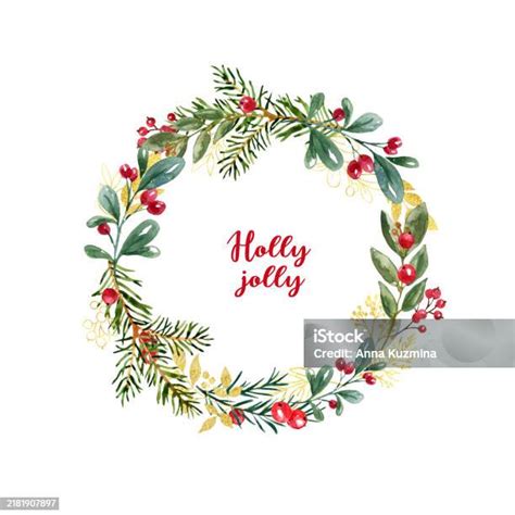 겨울 식물 나뭇잎 소나무 가지 호랑가시나무 겨울 딸기 금 요소와 함께 축제 수채화 크리스마스 녹지 프레임 휴일 화환입니다 카드 템플릿 공휴일에 대한 스톡 벡터 아트 및 기타