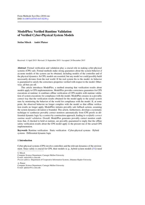 Pdf Modelplex Verified Runtime Validation Of Verified Cyber Physical System Models