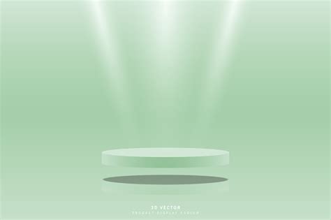 사실적인 녹색 실린더 연단 무대가 스튜디오 룸의 공중에 떠 있는 3d 배경 제품 프리젠테이션 모형 템플릿을 위한 최소한의 벽