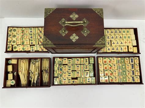 Antique Chinese Mahjong Mah Jongg Game Set Bamboo And Bone Tiles With