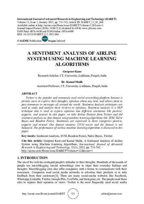 Pdf A Sentiment Analysis Of Airline System Using Machine Learning