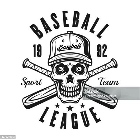 모자에 두개골과 흰색 흑백 그림에 고립 된 두 개의 교차 박쥐야구 벡터 엠블럼 배지 또는 로고 로고에 대한 스톡 벡터 아트 및 기타 이미지 Istock