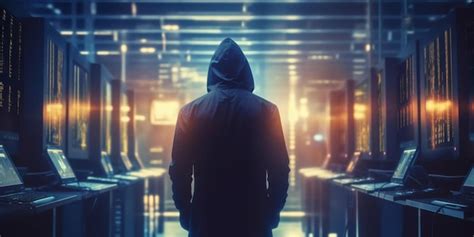 Premium Photo Hacker In The Black Hood In The Server Room Unrecognizable People The Concept Of