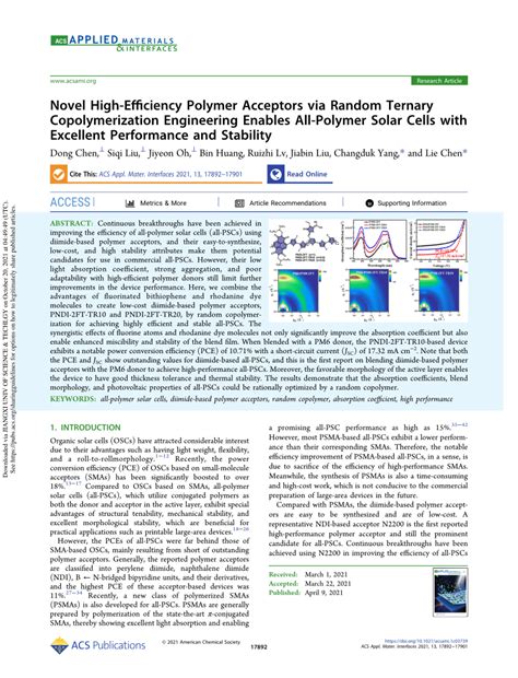 Pdf Novel High Efficiency Polymer Acceptors Via Random Ternary Copolymerization Engineering