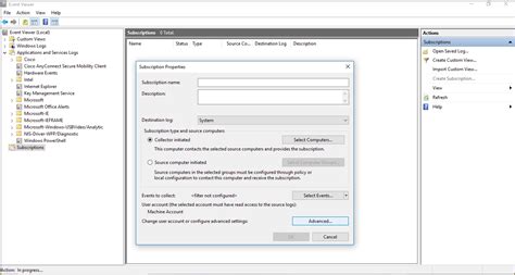event collection at windows collector server support services