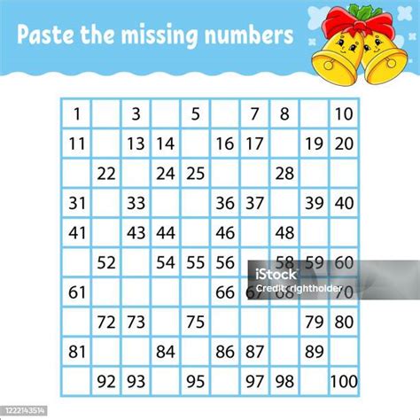 누락된 숫자를 1에서 100으로 붙여 넣습니다 필기 연습 아이들을위한 학습 번호 교육 개발 워크 시트 활동 페이지 어린이를위한 게임 격리된 벡터 그림입니다 1에 대한 스톡