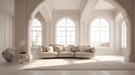 시대를 초월한 우아함과 현대적인 감각이 만나 아치형 창문과 현대적인 가구가 있는 인테리어의 3d 렌더링 벽 패널 라이트 룸 인테리어 디자인 배경 일러스트 및 사진 무료