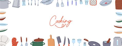 수평 배너의 주방 용품 주방용품과 식기 라인 배경 세라믹 접시 머그잔 컵 와인 잔 프라이팬 체 소쿠리 가정 생활에 대한 스톡 벡터 아트 및 기타 이미지 Istock