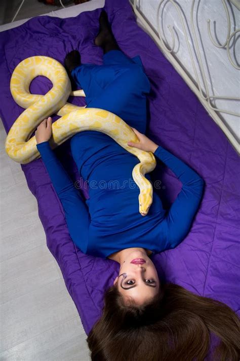 Beautiful Woman With Python Stock Photo Image Of Blue