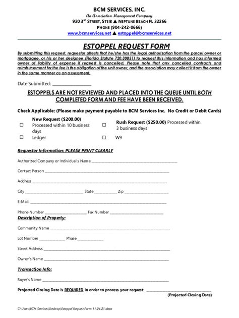 2021 Fl Bcm Services Estoppel Request Form Fill Online Printable