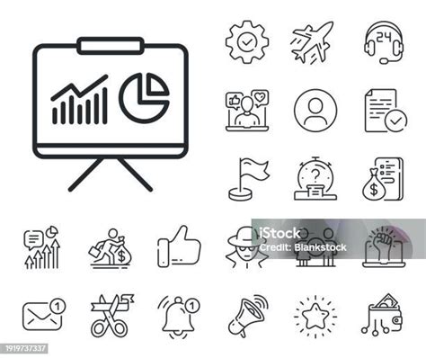 Presentation Board Line Icon Report Chart Sign Salaryman Gender Equality And Alert Bell Vector