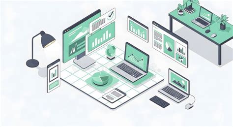 Isometric Workspace Setup With Laptops Charts And Data Analysis Display Stock Illustration