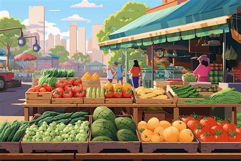 菜市场生鲜蔬菜市场线条插画