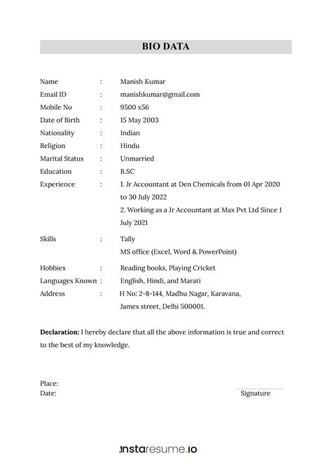 Biodata Format Samples Of Biodata For Different Contexts Free InstaResume Io