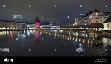 Wassertum With Light Installation Chapel Bridge On The Right Jesuit