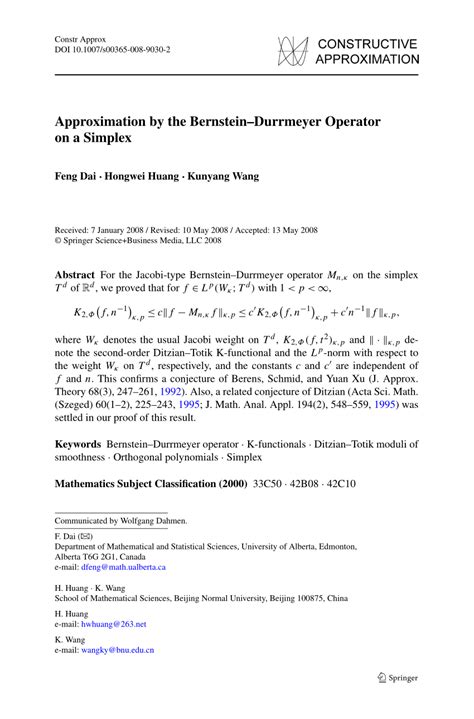 Pdf Approximation By The Bernstein Durrmeyer Operator On A Simplex