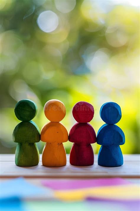 Colorful Wooden Figures Representing Unity And Diversity In Abstract Focused Background Stock