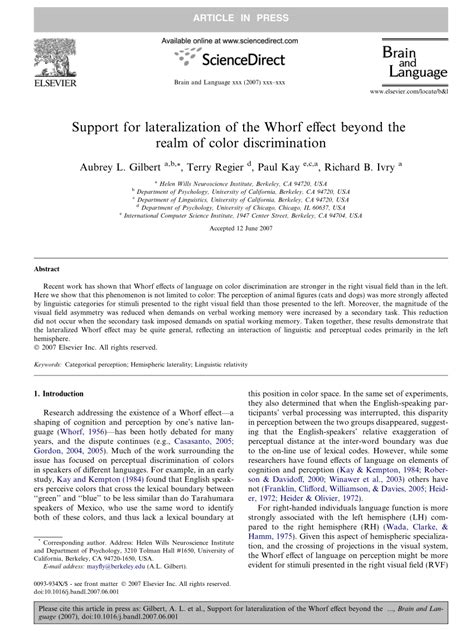 Pdf Support For Lateralization Of The Whorf Effect Beyond The Realm Of Color Discrimination