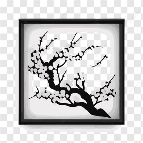 흑백 액자에 담긴 벚꽃 나무 예술품 벡터 흰색 배경에 일본 사쿠라의 단순한 검은 아이콘 그림자 없음 작은 프레임 중앙 Png 일러스트 및 벡터 에 대한 무료 다운로드
