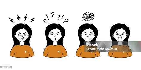 분노 슬픔 기쁨 놀라움 등 다양한 감정을 표현하는 소녀들의 얼굴 감정에 대한 스톡 벡터 아트 및 기타 이미지 감정 낙서