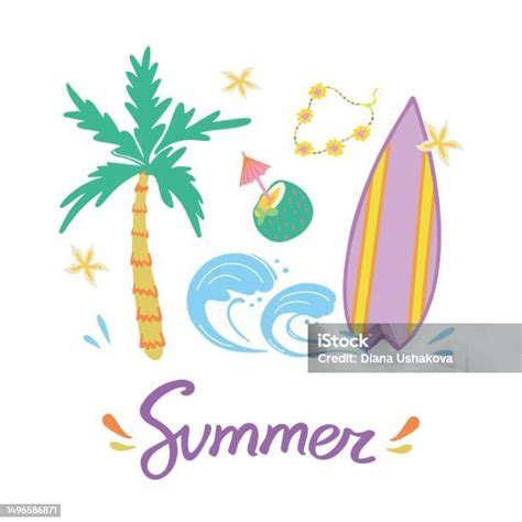 여름 인용문 서핑 개념입니다 타이포그래피가 있는 손으로 그린 그림 그루비 디자인 서핑보드 파도 야자수 목걸이 코코넛 칵테일 카드 인사말 문구류 지문 및 포스터에 적합 개체