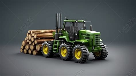 놀라운 3d 렌더링 회색 배경에 로깅 트레일러가 있는 녹색 트랙터 트랙터 배경 놀라 배경 기계 배경 이미지 Hd 트랙터 놀라 기계 배경 사진 무료 다운로드