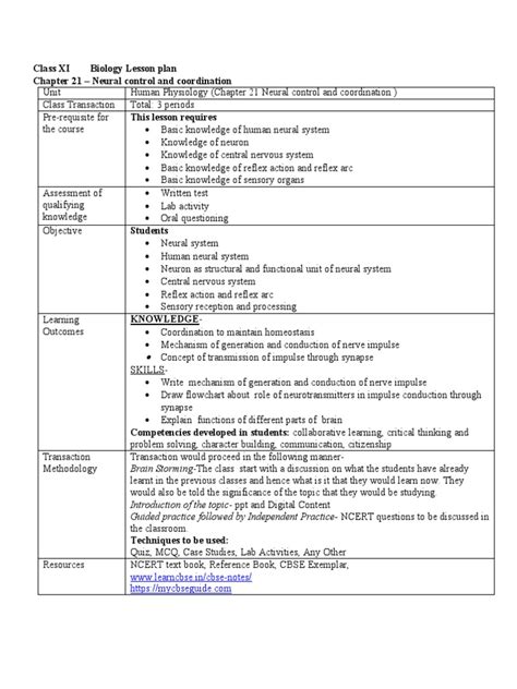 Neural Control And Coordination Lesson Plan11 Pdf Nervous System