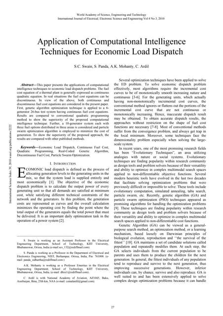 Application Of Computational Intelligence Techniques For Economic Load Dispatch Pdf