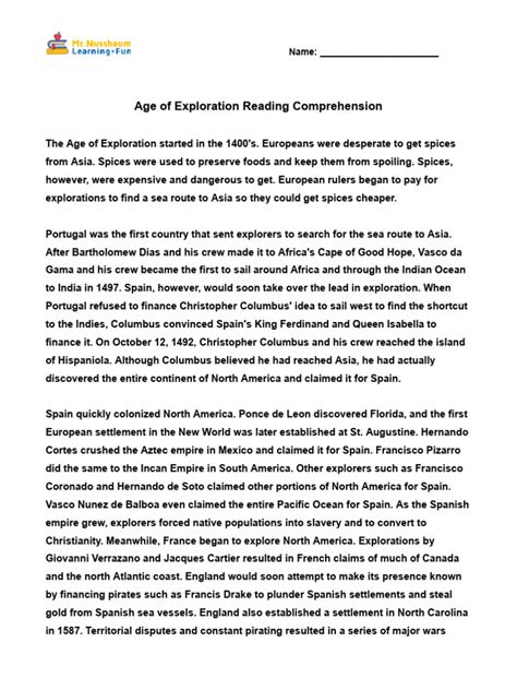 Age Of Exploration Reading Comprehension Pdf Age Of Discovery