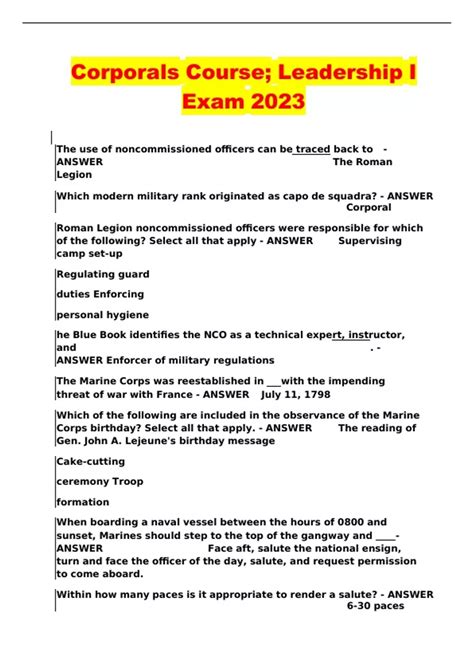 Corporals Course Leadership I Questions And Answers 2023 2024 Verified Answers Corporals