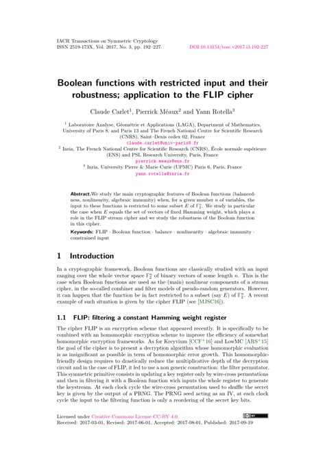 Pdf Boolean Functions With Restricted Input And Their Robustness Application To The Flip Cipher