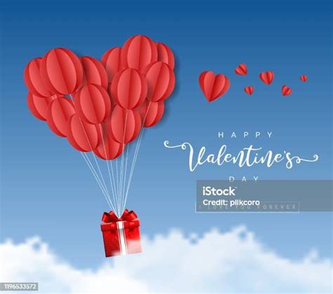 행복 발렌타인 데이 종이 접기 종이 풍선 마음 선물 상자와 구름에 푸른 하늘 벡터 그림 개념에 대한 스톡 벡터 아트 및 기타 이미지 개념 귀여운 날기 Istock