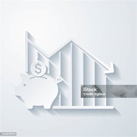 달러 저축 감소 차트 빈 배경에 종이 자르기 효과가 있는 아이콘 아래로 이동에 대한 스톡 벡터 아트 및 기타 이미지 아래로 이동 화살표 흰색 배경 Istock