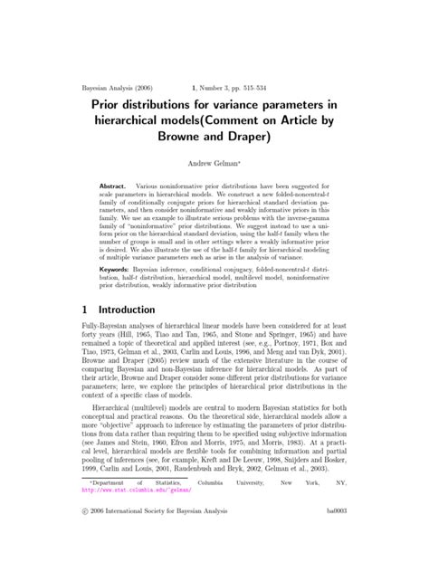 Prior Distributions For Variance Parameters In Hierarchical Models Pdf Statistical Inference