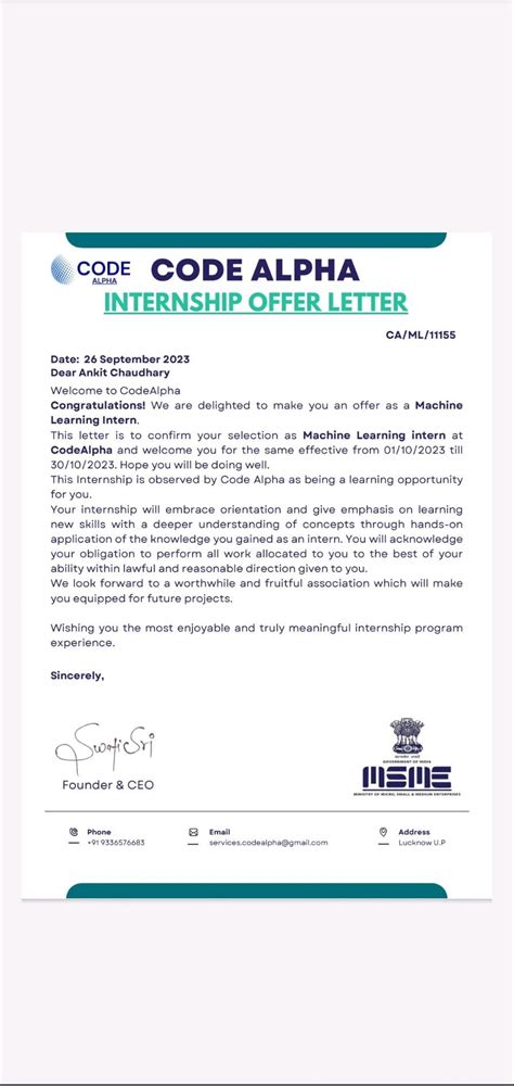 Ankit Chaudhary On Linkedin Machinelearning Pythonprogramming Coding Codealpha Offerletter