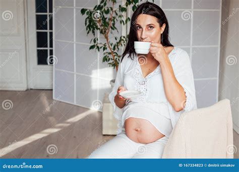 Pregnant Mom Drinking A Hot Drink Nice Stock Image Image Of Belly