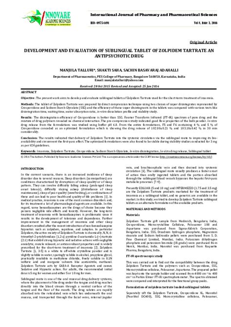Pdf Development And Evaluation Of Sublingual Tablet Of Zolpidem Tartrate An Antipsychotic Drug
