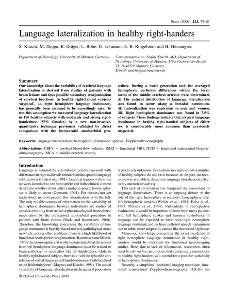 Pdf Language Lateralization In Healthy Right Handers