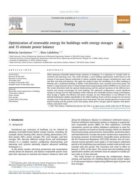 10 Optimization Of Renewable Energy For Buildings With Energy Storages Pdf Photovoltaics