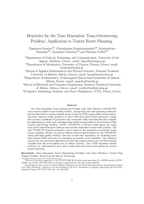 Pdf Heuristics For The Time Dependent Team Orienteering Problem Application To Tourist Route