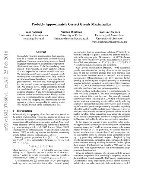 Pdf Probably Approximately Correct Greedy Maximization