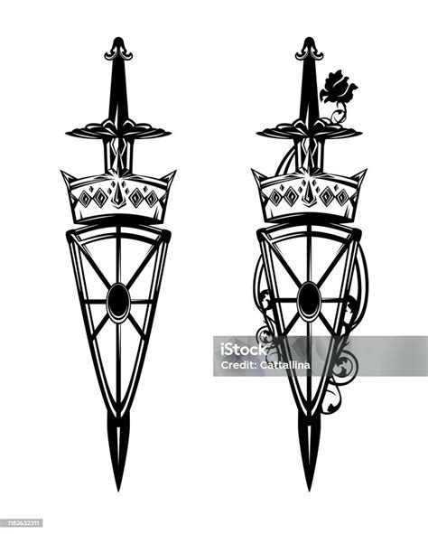 칼 로얄 크라운 장미 꽃과 골동품 방패 흑백 전령 디자인 세트 검에 대한 스톡 벡터 아트 및 기타 이미지 검 장미 0명