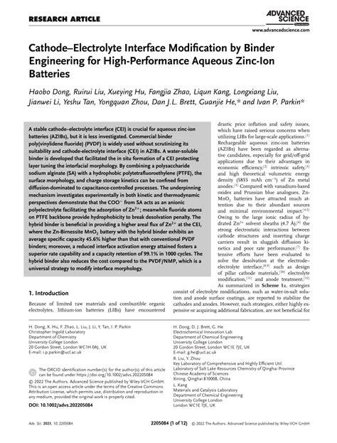 Pdf Cathodeelectrolyte Interface Modification By Binder Engineering For High‐performance