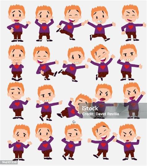 마음 풀 오버와 만화 캐릭터 백색 소년입니다 다른 자세 태도 포즈 고립 된 벡터 그림에 다양 한 활동을 하 고 설정 합니다 교사 교육 관련 직업에 대한 스톡 벡터 아트 및