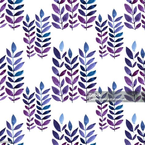 흰색에 잎이있는 매끄러운 패턴 수채화 수채화 손으로 그린 파란색과 보라색 추상 적 분기 카드 포장 섬유 벽지 꽃집을위한 예술