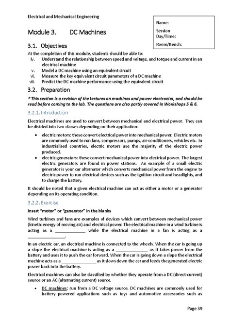 Analog Electronics Practical M3 Dc Machines Prac Notes And Grading