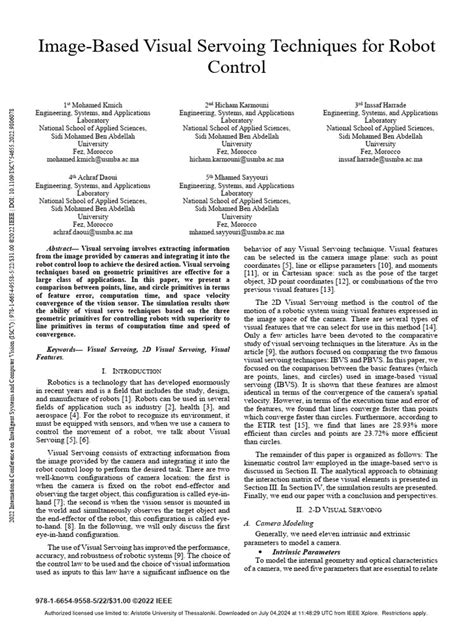 image based visual servoing techniques for robot control pdf