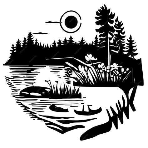 Lake And Forest And Grass Vector Illustration Linocut Premium Ai
