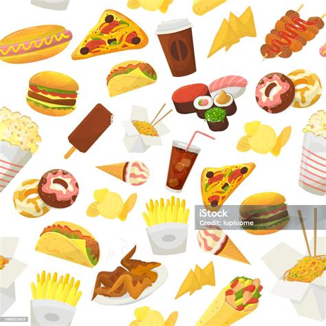 패스트 푸드 패턴 벡터 그림입니다 햄버거 피자 구운 닭고기와 팝 옥수수 초밥 아이스크림 흰색 배경에 고립 패스트 푸드와 배경 화면 0명에 대한 스톡 벡터 아트 및 기타